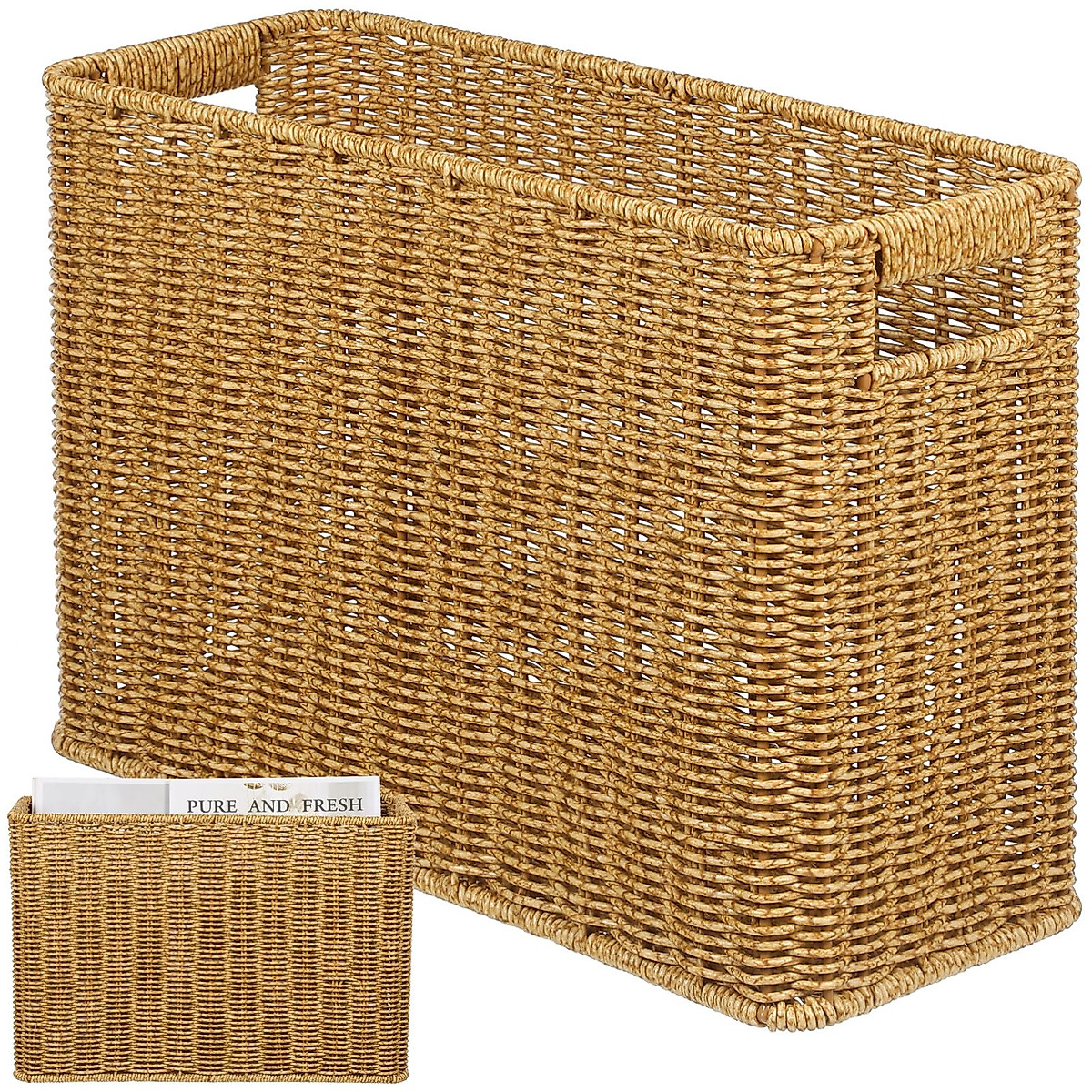 STOBAZA Woven Basket with Handles Magazine Book Storage Basket Bin for Home Office, Handwoven Narrow Basket for Books, Newspaper, File and Mail - 38.00X26.00X15.00CM