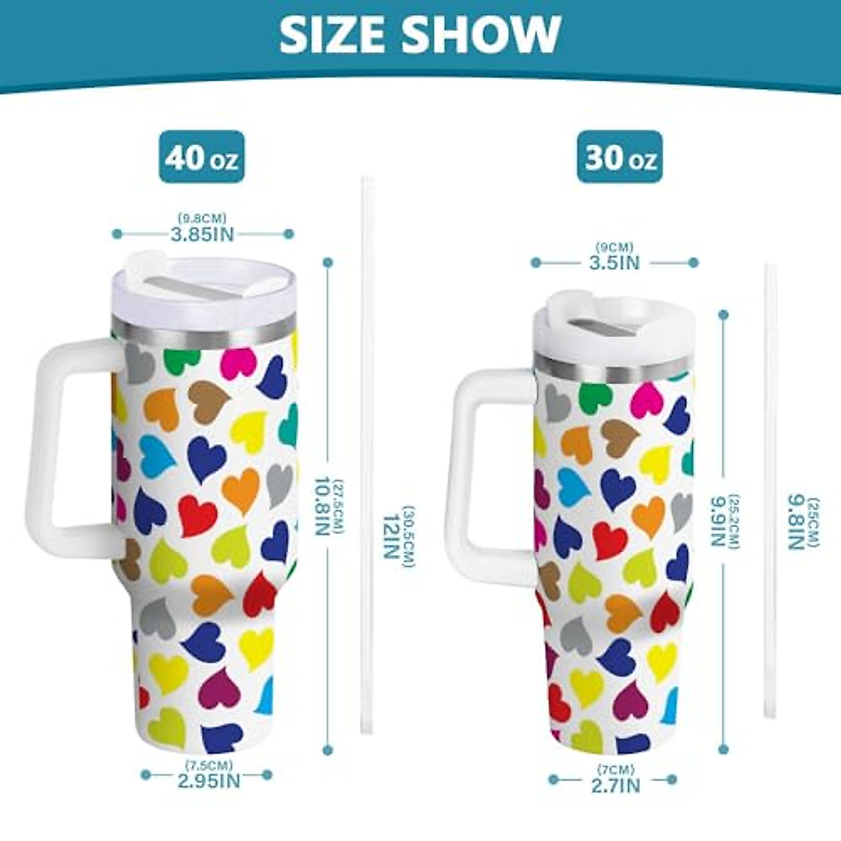 MCHIVER Colorful Hearts 40 oz Tumbler with Handle and Straw Stainless Steel Vacuum Water Bottle Leak-proof Travel Coffee Mug Insulated Tumbler with Lid
