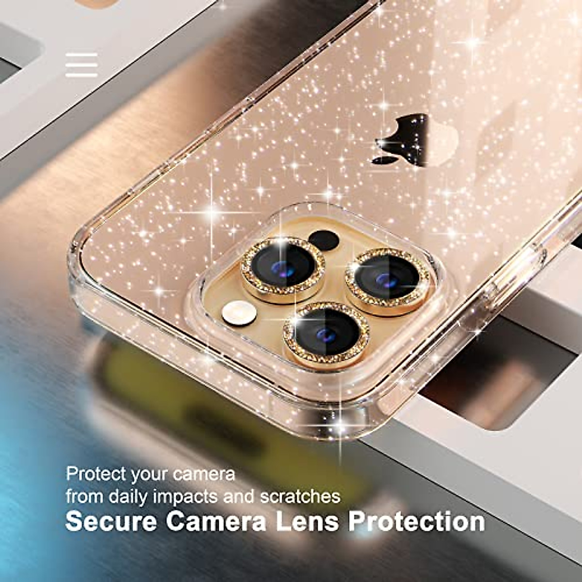 Choiche Compatible for iPhone 14 Pro Case Cute, Women Clear Glitter Bling Sparkly Case, [3 x Diamond Camera Lens Protectors] [2 x Tempered Glass Screen Protectors] 6.1-inch (Glitter Gold)