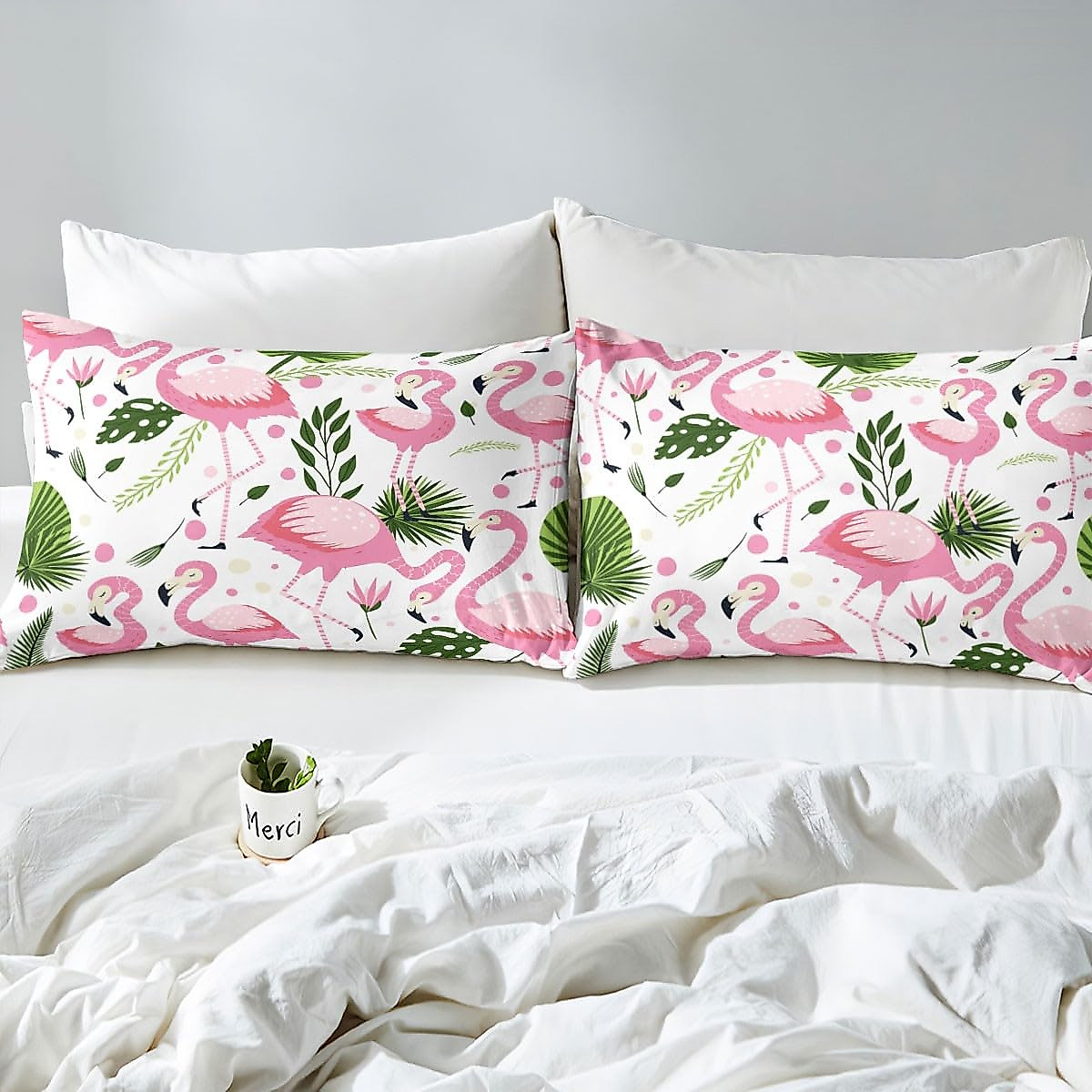 Feelyou Flamingo Bed Sheets Set Twin Size, Pink Flamingo Sheet Set for Kids Tropical Flamingo Pattern Sheets with Deep Pocket Fitted Sheet Plam Leaf Bedding Set Microfiber Bed Set