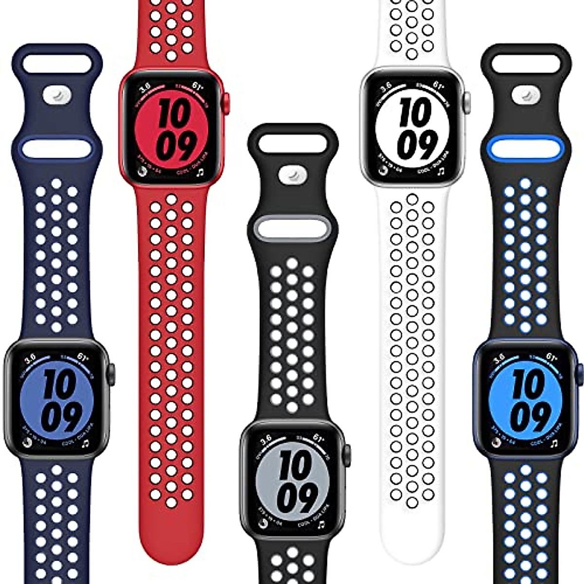 EOMTAM 5 Pack Sport Bands Compatible for Apple Watch 49mm 45mm 44mm 42mm 41mm 40mm 38mm Men Women, Breathable Silicone Soft Replacement Strap Wristband for iWatch Series Ultra 8 SE 7 6 5 4 3 (45MM,C1)