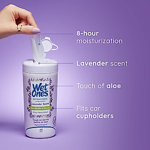 Wet Ones Antibacterial Hand Wipes, Lavender Wipes | Antibacterial Wipes, Moisturizing Wipes | 40 ct. Canister
