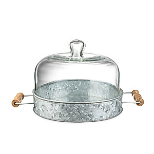 Royalty Art Farmhouse Cake Plate with Glass Dome, Rustic Kitchen and Dining Room Platter with Carry Handles, Galvanized Steel Base, Decorative Home Decor for Cupcakes and Pastries