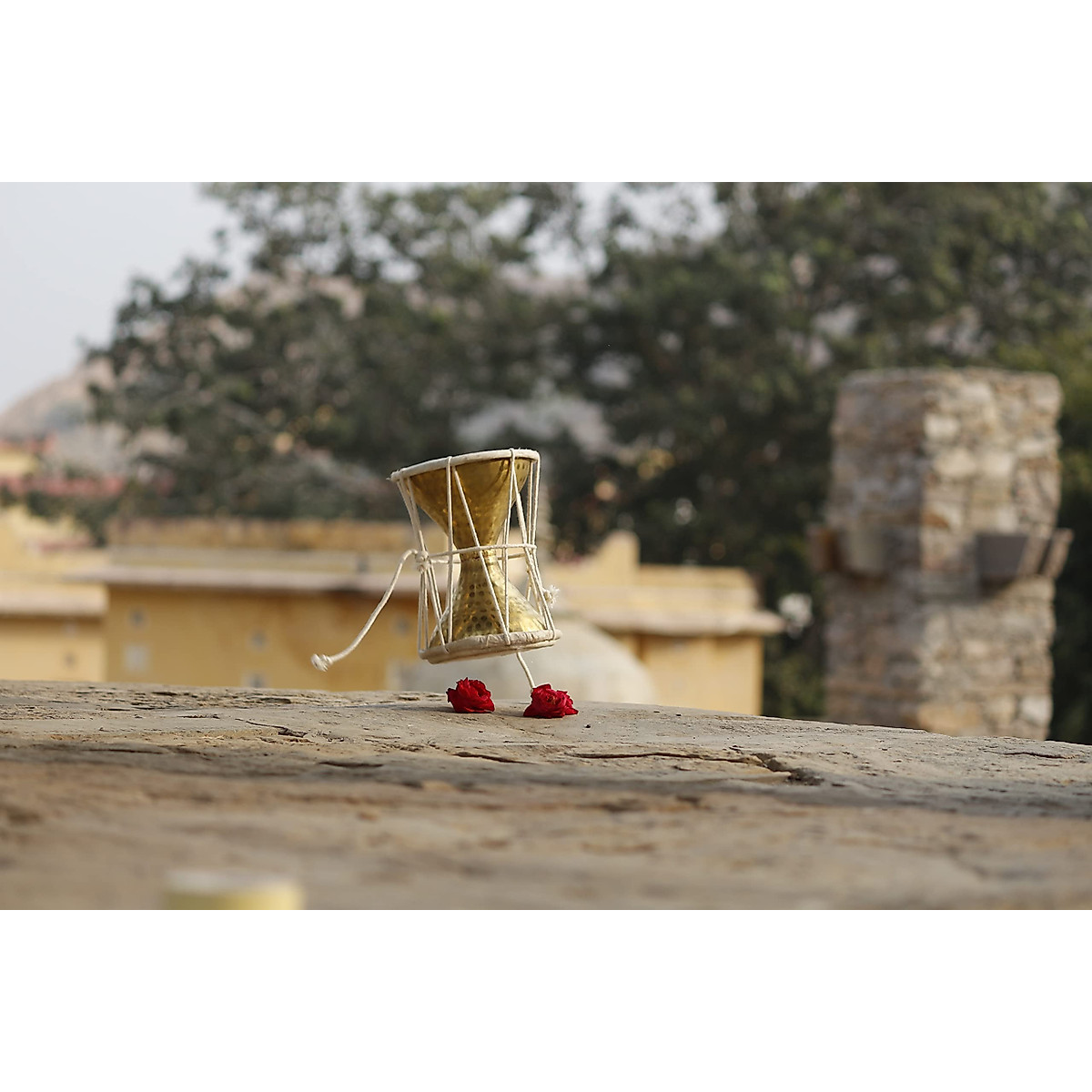 De Kulture Handheld Brass Damroo (Medium) Traditional Indian Folk Musical Percussion Instruments, Handmade Drum Damru, 6x8 (DH) Inches