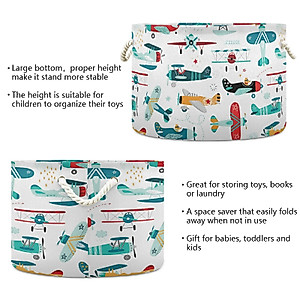 Airplanes Aircrafts Boys In Turquoise Red Orange Seamless Round Storage Basket Bin, Waterproof Laundry Hamper, Large Collapsible Bucket, Baby Nursery Organizer with Handles for Bathroom Toys Clothes