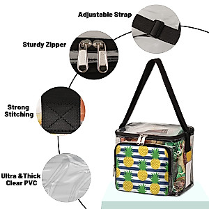 bisibuy Pineapple Striped Background Clear Lunch Bag Stadium Approved PVC Plastic See Through Lunch box with Adjustable Strap for Sports Events Concerts Office