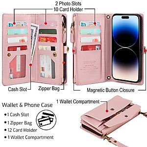 DKDKSIP for iPhone 15 Pro Max Wallet Case for Women, Support Wireless Charging with RFID Blocking Card Holder, PU Leather Zipper Wallet Detachable Magnetic Phone Case with Crossbody Strap, Pink