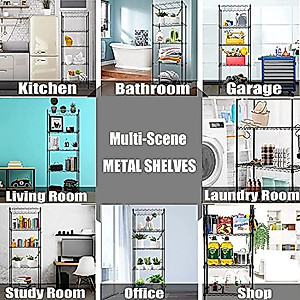 5-Shelf Shelving Units and Storage Heavy Duty, Wire Adjustable Shelf Utility Commercial Steel Organizer, Metal Shelves Wire Rack with 4 Hooks for Kitchen Bathroom Office and Garage, Set of 2 (Silver)