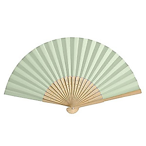 SL crafts Paper Hand Fan Folding Vintage Fans Bamboo Folded Fan Outdoor Wedding Party Gift Baby Shower Favors (Light Green, 50)