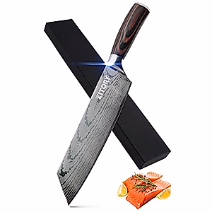 Kitory Kiritsuke Chef Knife 8" - Japanese Traditional Kitchen Knives for slicing meats and Vegetables - Ergonomic PakkaWood Handle - Laser Etched Waved Pattern