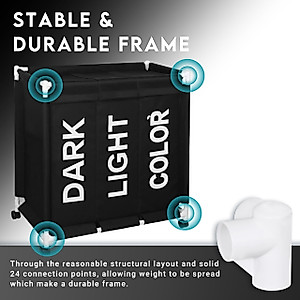 ZOES HOMEWARE Laundry Sorter 3 Section, 170L Laundry Cart with 3 × 15 Gal Compartment Laundry Hamper, Divided Laundry Separator, Laundry Basket Organizer, Black Laundry Hamper on Wheels