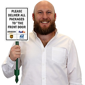 SmartSign 10 x 7 inch “Please Deliver All Packages to The Front Door” Yard Sign, 40 mil Laminated Rustproof Aluminum, 21.5 inch Tall Sign & Stake Kit, Multicolor, Made in USA