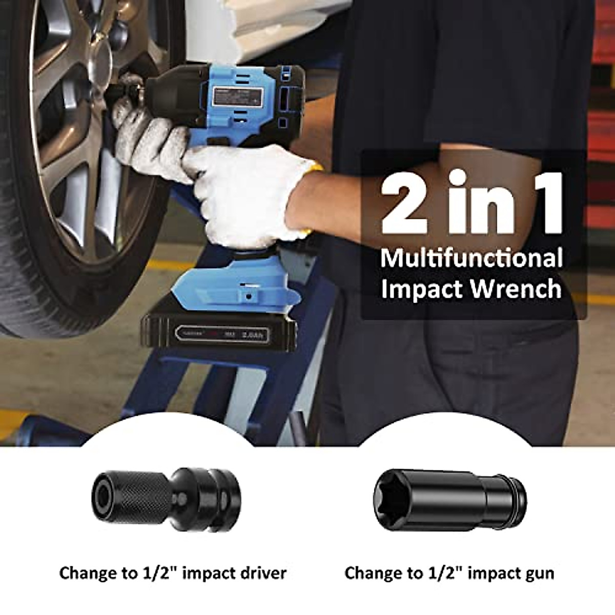 WISETOOL Cordless Impact Wrench,1/2 inch Electric Impact Wrench,Brushless Power Impact Wrench Set for Car Tires,Max Torque 260 ft-lbs,2.0A Li-ion Battery