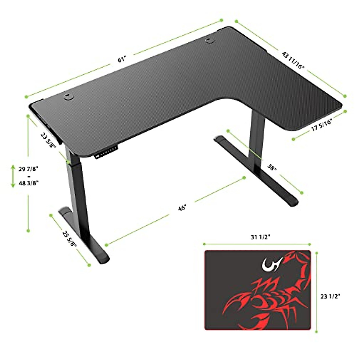 DESIGNA 61 Inches L Shaped Standing Desk, Electric Height Adjustable Dual Motor Sit Stand Up Home Office Corner Computer Gaming Table Large Modern Workstation with 4 Memory Presets, Black, Right Side