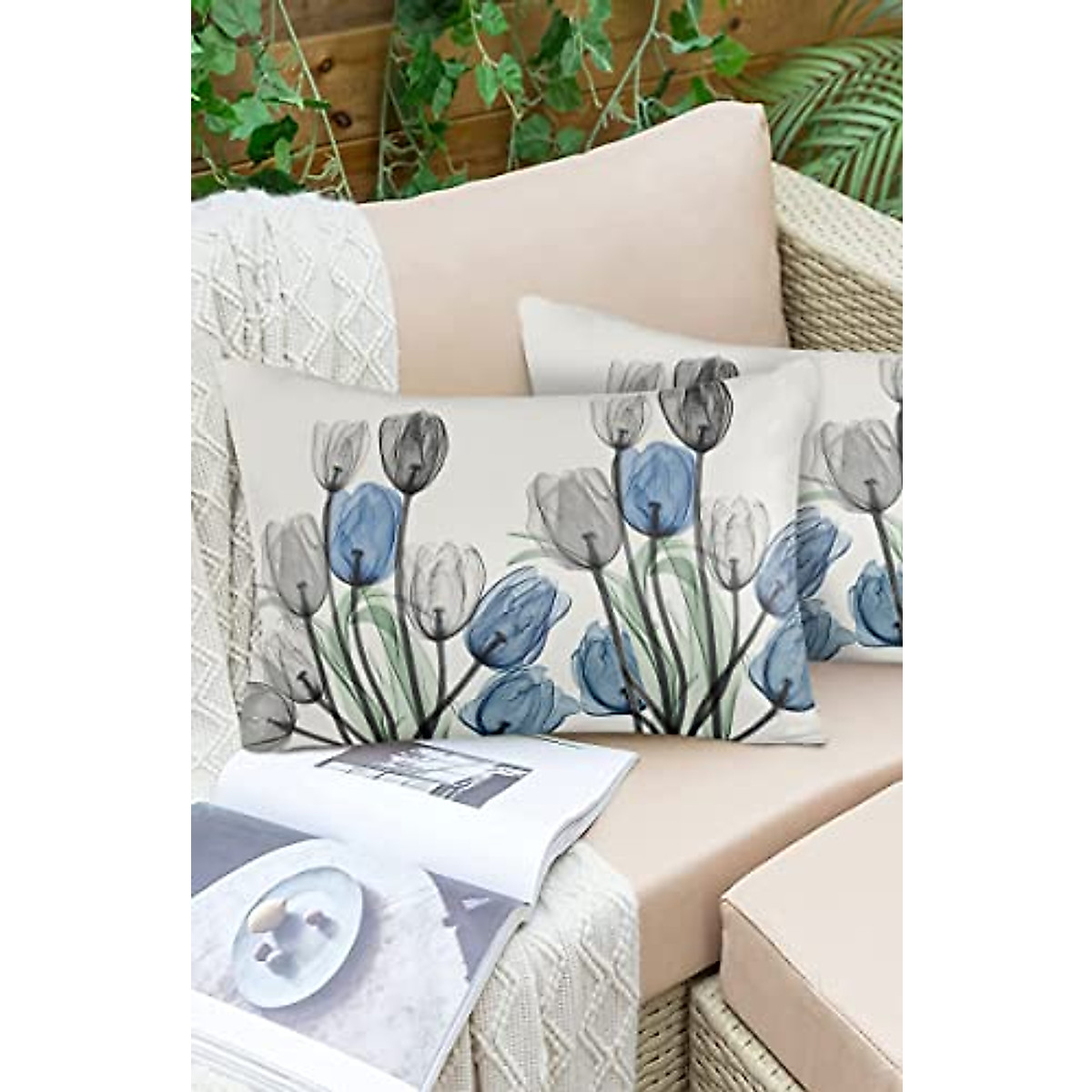 Vandarllin Outdoor Throw Pillows Covers 12X20 Set of 2 Waterproof Gray Blue Tulip Decorative Zippered Lumbar Cushion Covers for Patio Furniture, Spring Summer Flowers Floral