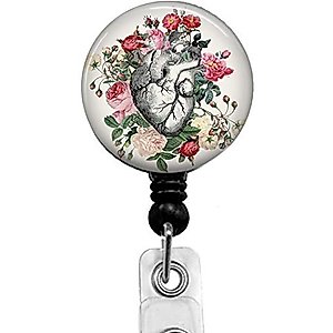 Heart and Flower Badge Reel,Retractable Name Card Badge Holder with Alligator Clip, Medical MD RN Nurse Badge ID,Office Employee Name Badge, Badge Holder