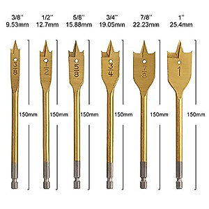 COMOWARE Spade Drill Bit Set- Paddle Flat Bits, Hole Cutter, Titanium Coating, Carbon Steel, Woodworking, 6-Pieces, 3/8"-1"