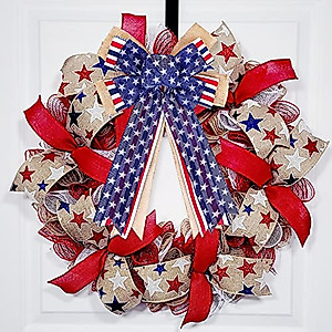 Patriotic Burlap Ribbon Wired 4th of July Red White Blue Star Ribbons American Flag Ribbon for Memorial Day, Veteran's Day, 2-1/2 inch 5 Yards*3 Rolls
