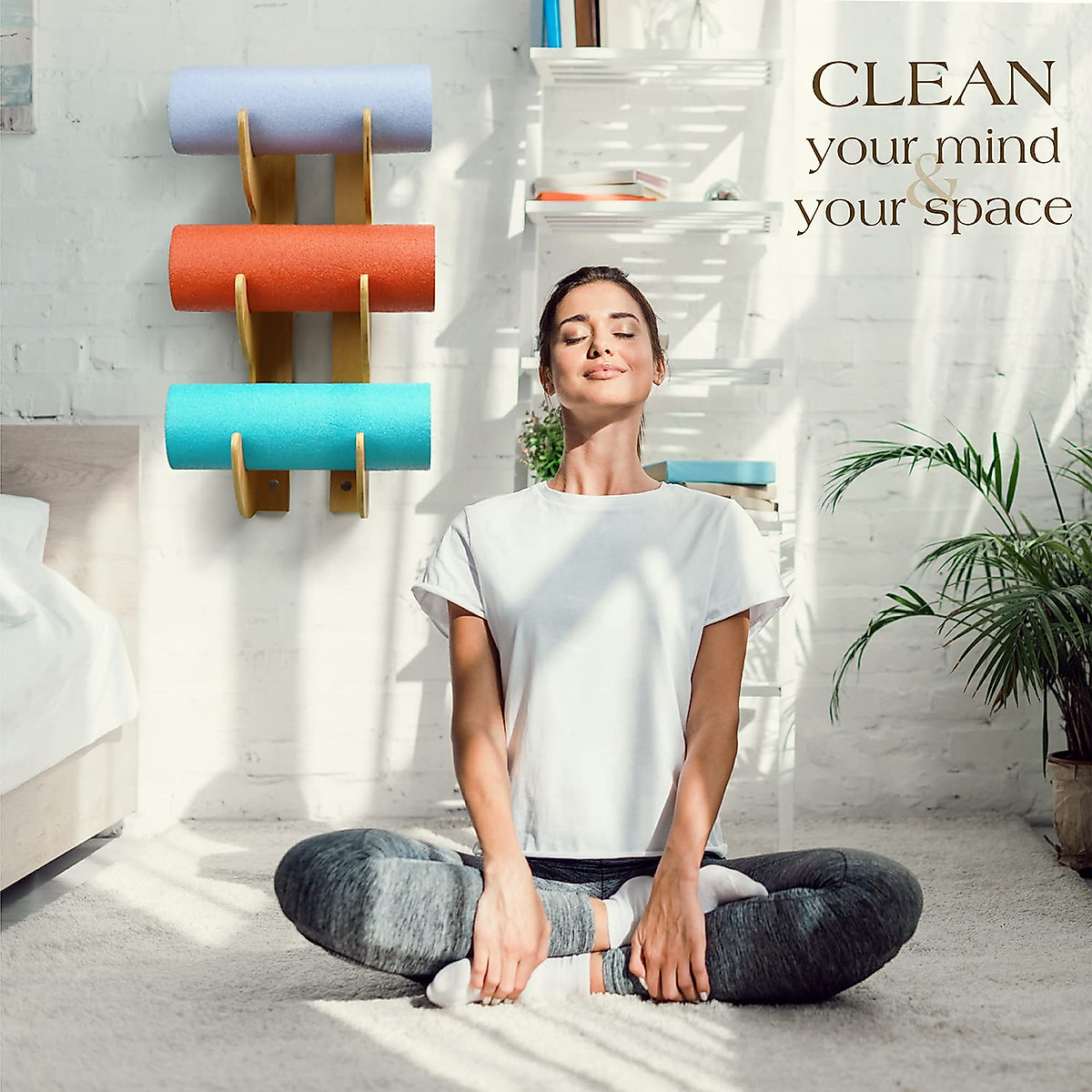 Yes4All Wall Mount Wooden Foam Roller Rack/Yoga Mat Holder for Storing Home Gym Accessories and Decor