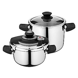 BergHOFF Essentials 18/10 Stainless Steel Set of 4pc Pressure Cooker Glass Cover 7.4 qt. & 4.2 qt. Silver Vita Stay-cool Handle Induction Cooktop Marked Measurement Quick-release