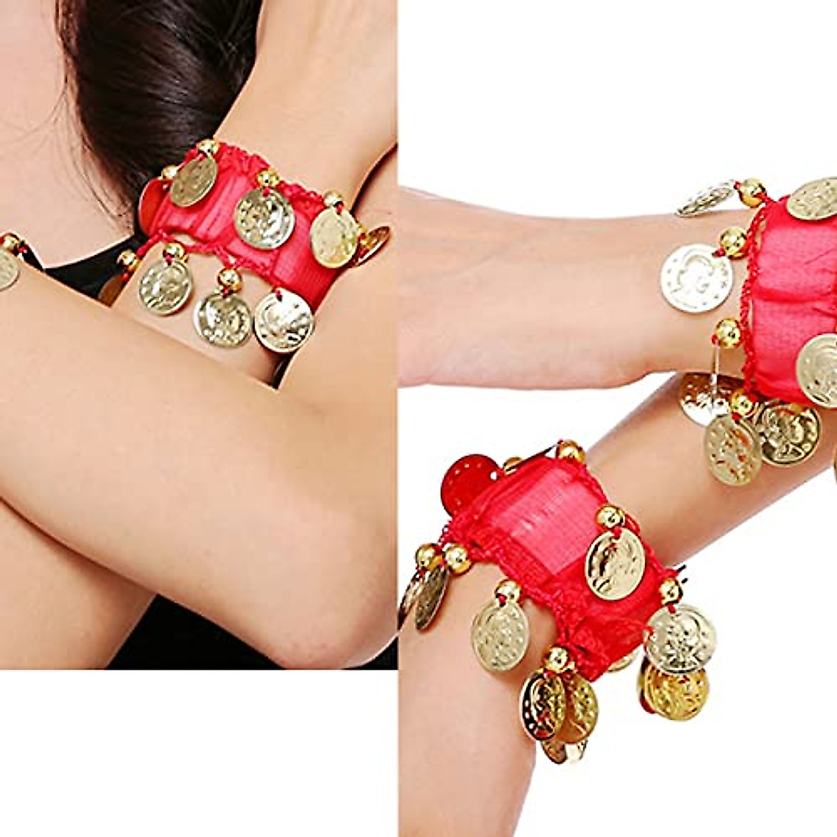 NUANNUAN 10 Pairs Belly Dance Wrist Cuff Ankle Chiffon Bracelet Band with Coin, Stretchy Belly Dance Bracelets Bangle Gypsy Jewelry Costume Accessory for Women Girl Halloween Drama Actors