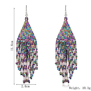 Color Boho Rice Beads Tassel Earrings.Multicolor Long Beaded Dangle Earrings Handmade Woven Drop Earrings Jewelry Gifts for Women (Colorful)