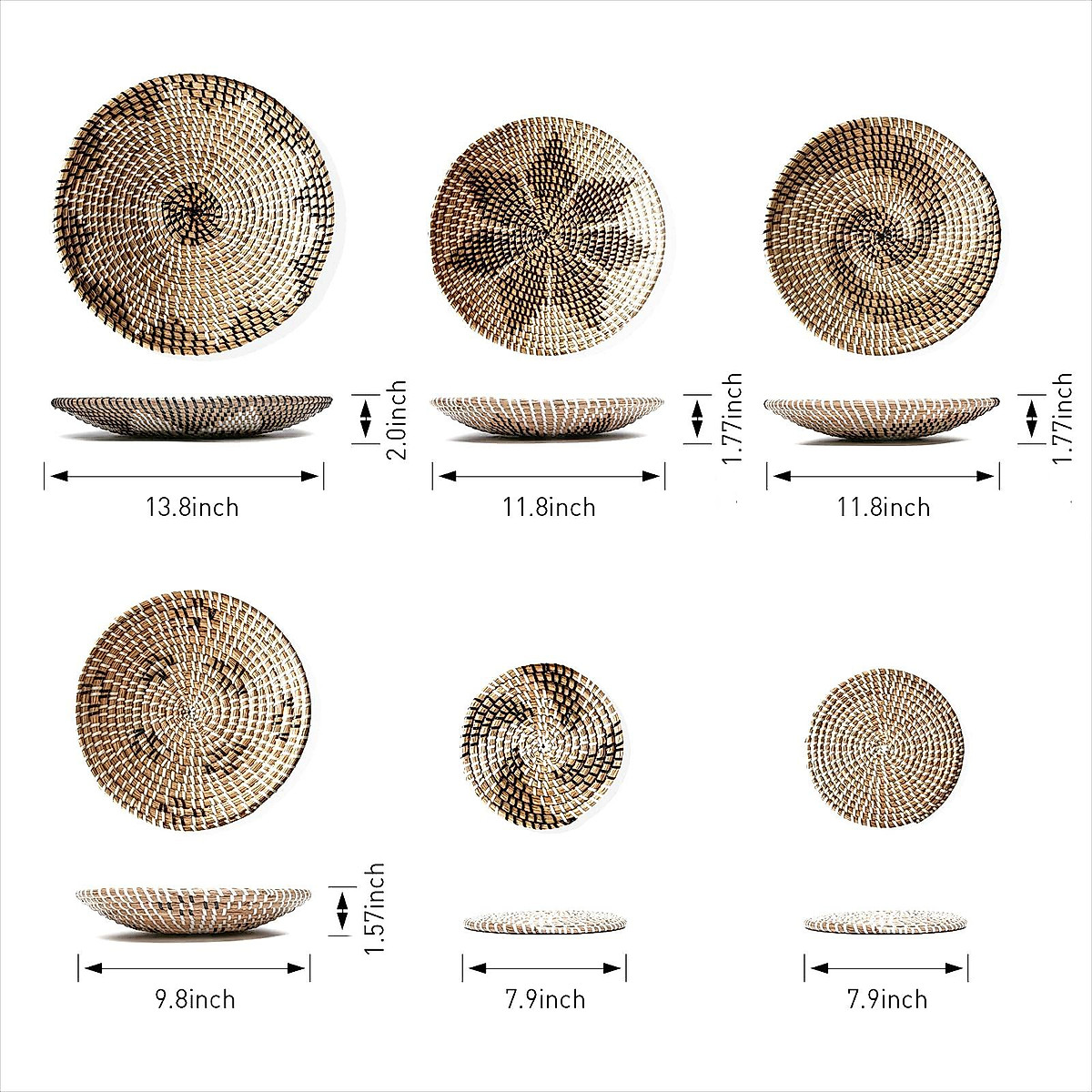 Wall Basket Decor Set of 6, Boho Hanging Seagrass Baskets Woven Basket Wall Decor, Natural Handmade Round Wicker Wall Decor with 10 Hooks,Boho Wall Decor 7.9" to 13.8" for Living Room Wall Art