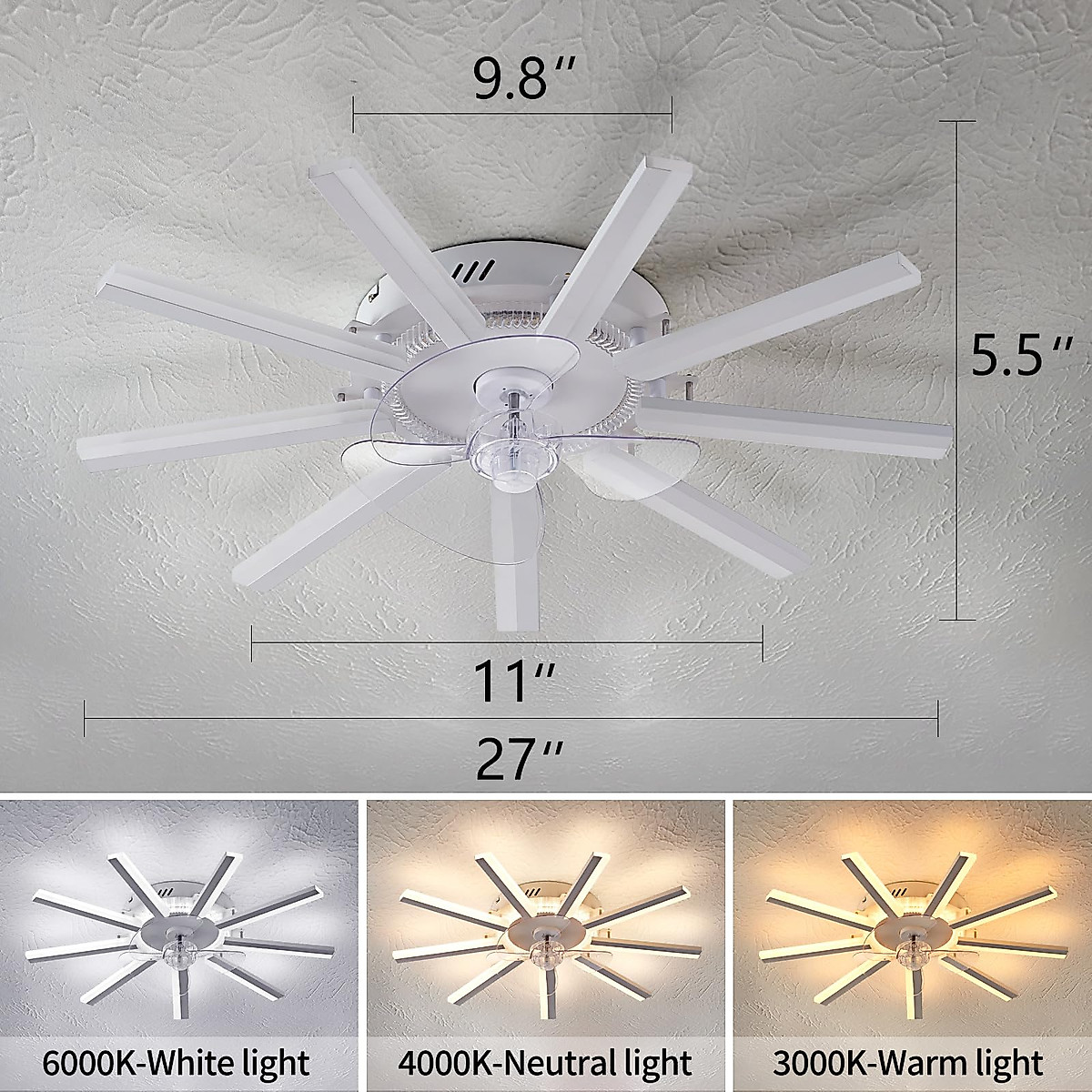 HuixuTe 27" Geometric Ceiling Fan with Lights, 3 Colors 6 Speeds Personalized Ceiling Fan with Light Remote Control, White Low Profile Ceiling Fan with Light for Kitchen Bedroom