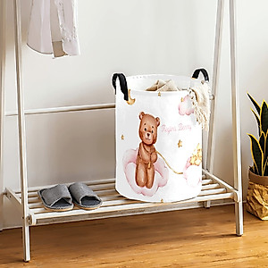 Cute Teddy Bear Stars Personalized Laundry Basket Clothes Round Storage Handle Waterproof, Custom Foldable Large Capacity and Lightweight, For Bedroom Bathroom Toy Decoration