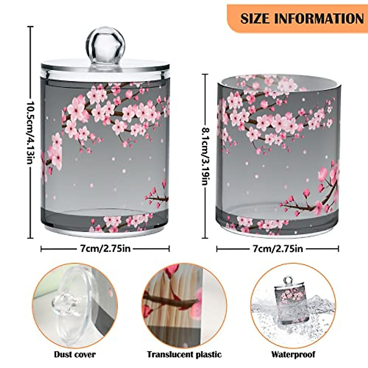 ALAZA Japanese Oriental Cherry Blossom Qtip Holder Organizer Dispenser for Cotton Ball, Cotton Swab, Cotton Round Pads, Floss,Bathroom Canisters Storage Organizer, Vanity Makeup Organizer,2Pack
