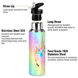 Unicorn Insulated Water Bottles Kids Rainbow Thermos with Straw Lid & Handle Reusable Vacuum Stainless Steel 20 oz
