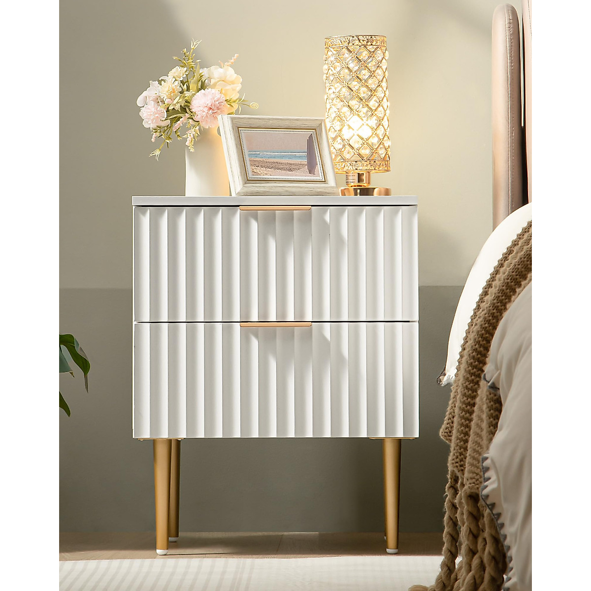 SICOTAS White Night Stand Set 2, Wide Fluted Nightstand with 2 Drawers, Modern Glossy Storage Bedside Table for Bedroom, End Side Table with Golden Metal Legs and Handles（2, White）