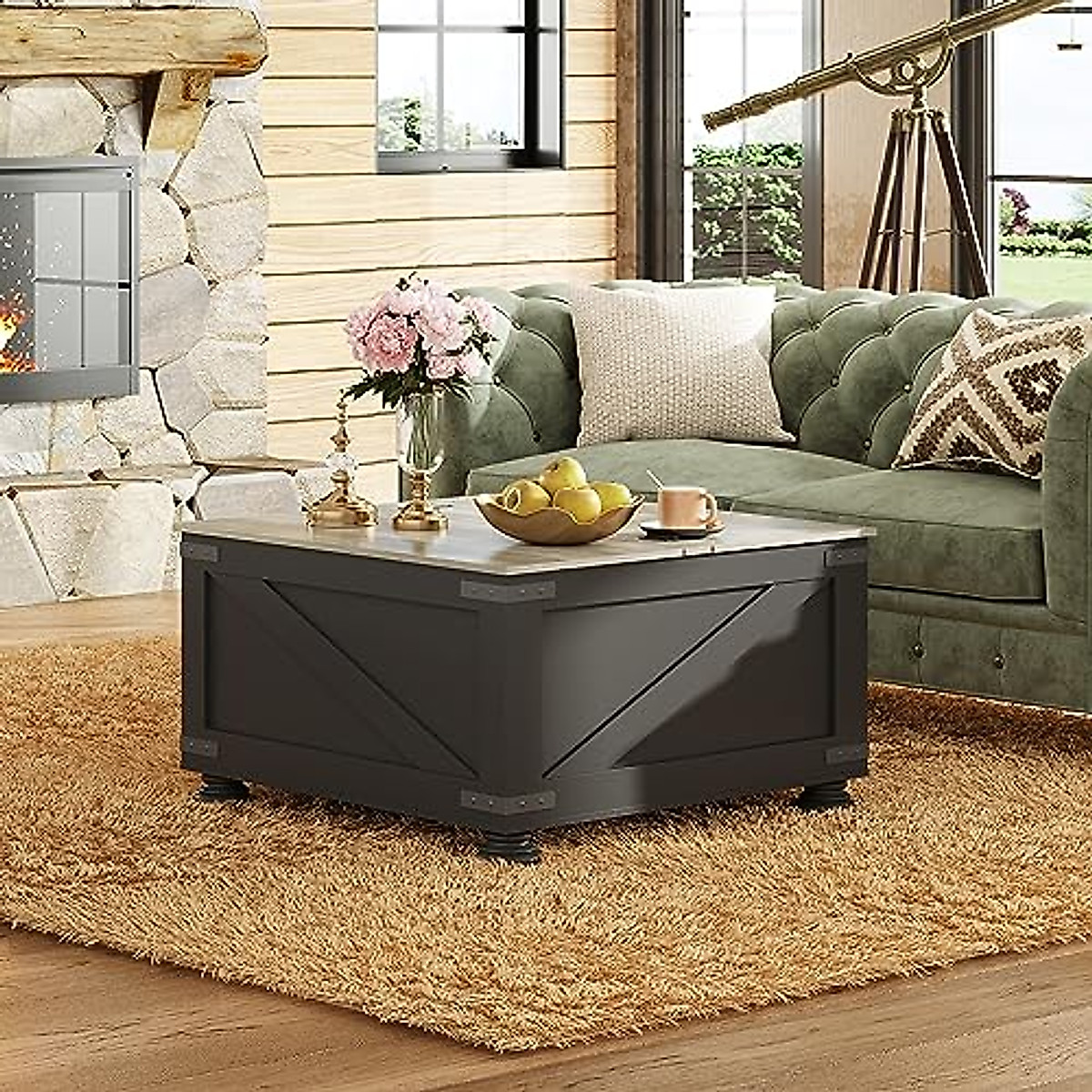 WLIVE Farmhouse Coffee Table,Square Wood Lift Top Coffee Table with Storage,Center Table for Living Room,Home Office,Black and Grey Oak