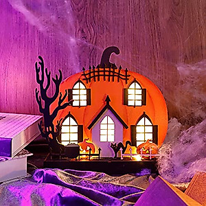 Lulu Home Halloween Tabletop Decoration, Wooden Lighted Pumpkin House Decoration Ornaments, Battery Operated Halloween Sign Indoor Fireplace Desk Kitchen Table Ornament, 9 x 9 x 2.1 in