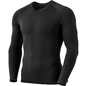 TSLA Men's Thermal V-Neck Long Sleeve Compression Shirts, Athletic Base Layer Top, Winter Gear Running T-Shirt, Heatlock V Neck Black, Small