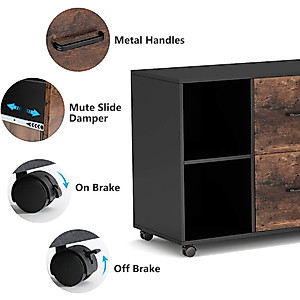 Tribesigns 2 Drawer File Cabinet, Large Mobile Lateral Filing Cabinet for Letter Size, Printer Stand with Storage Shelves and Rolling Wheels for Home Office (Black/Rustic)