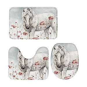 ELBULL Horse Surrounded by Flowers Print Flannel Anti Slip Mat 3 Pieces/Set Super Soft Non Slip Rugs Super Absorbent Bathroom
