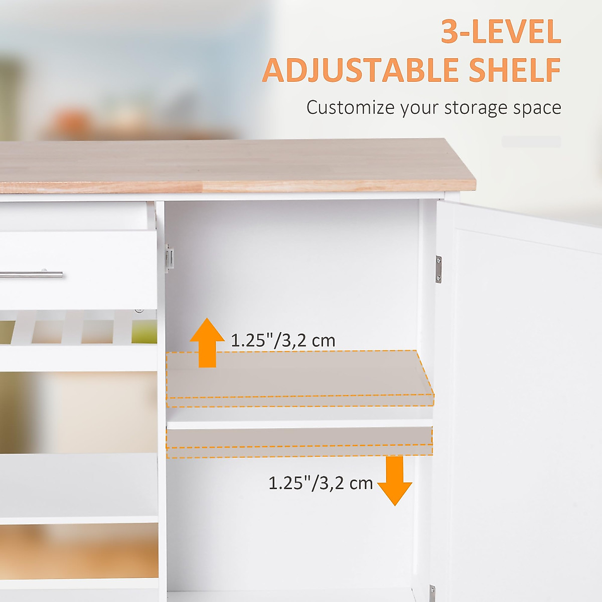 HOMCOM Rolling Kitchen Island with Storage, Kitchen Cart with Solid Wood Countertop, Drawer, Adjustable Shelf and Wine Rack, White