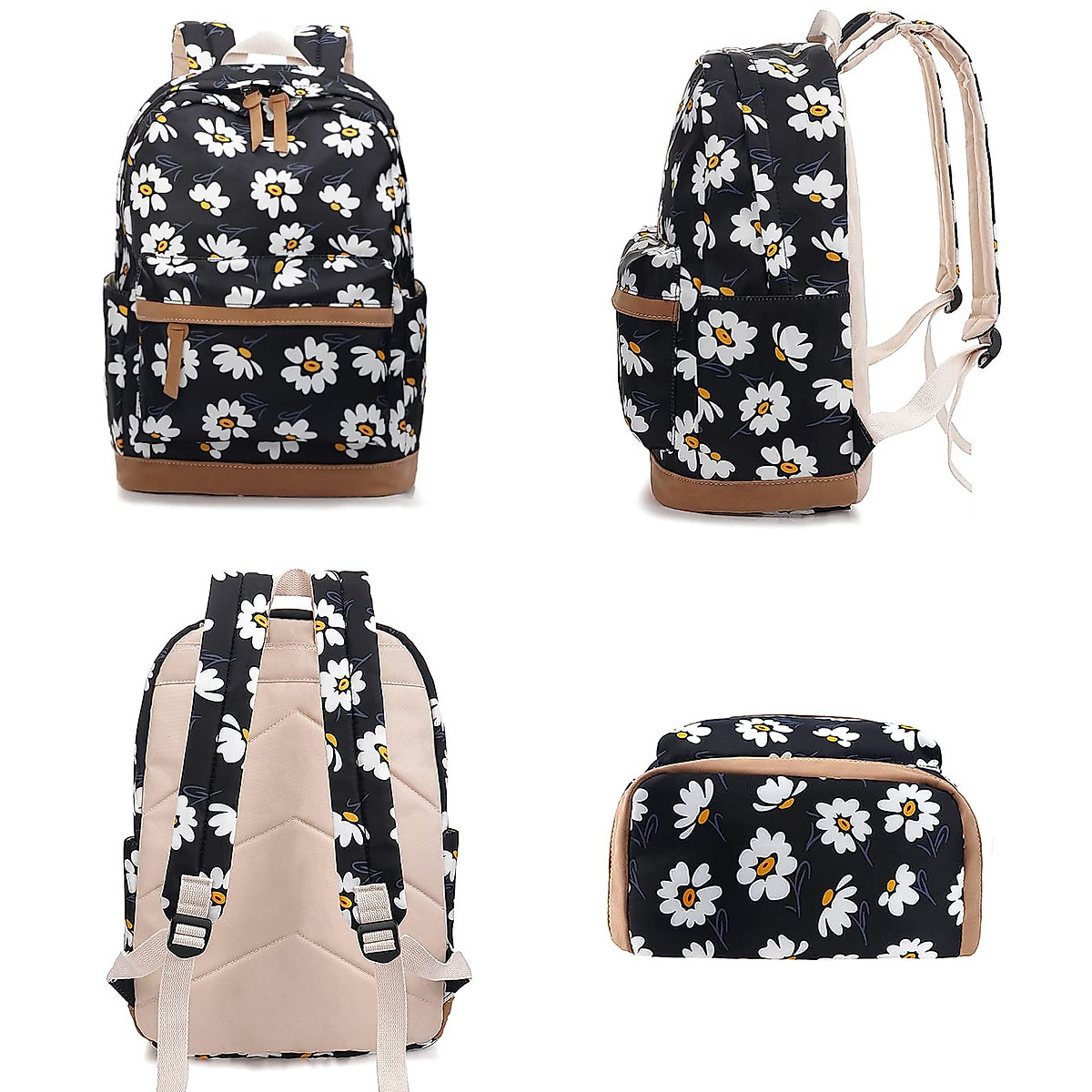 Xinveen Floral Laptop Backpack Rose School Bag Bookbags Lightweight Water Resistant Backpack for Womens Travel Black