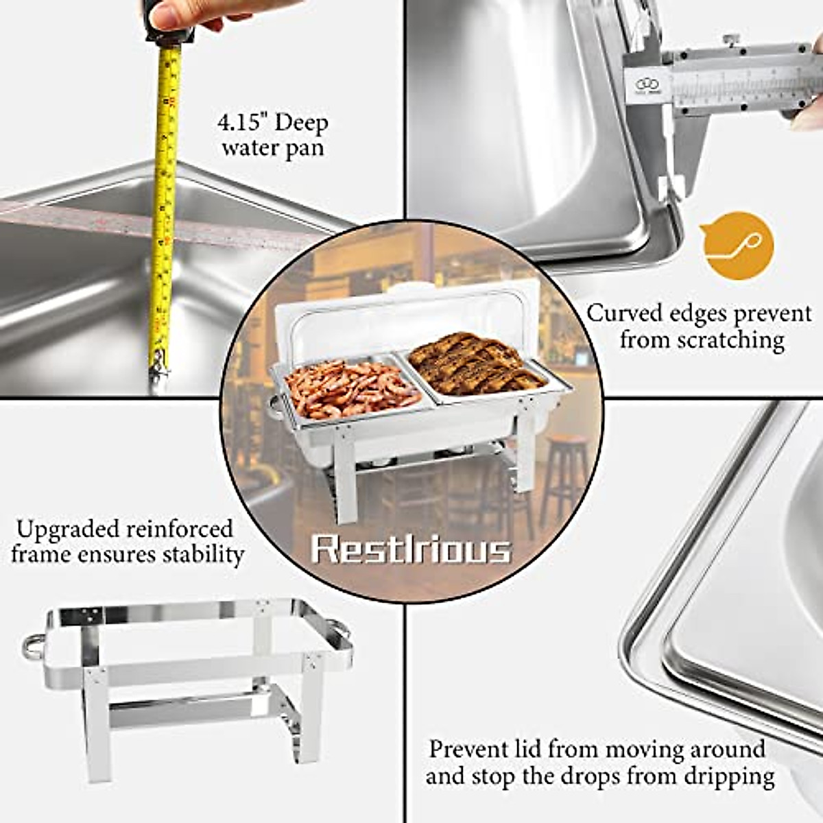 Restlrious Chafing Dish Buffet Set with Roll Top Plastic Cover, Stainless Steel 8 QT Rectangular Chafers and Buffet Warmers Set w/Half Size Food Pan, Water Pan, Fuel Can for Catering Event Party