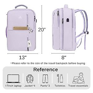 MATEIN Travel Backpacks for Women, Flight Approved 17 Inch Carry on Luggage Backpack with USB Charge Port, 40L Laptop Daypack Business College Overnight Weekender Bag, Light Purple