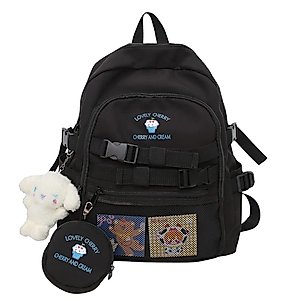 JHTPSLR Aesthetic Backpack with Purse and Plushies Cute Kawaii Backpack with Accessories Japanese Backpack Teen Girls Back to School Supplies (Black)