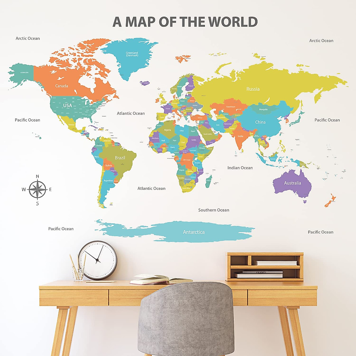 DECOWALL DMT-1809S Modern Pastel Tones World Map Kids Wall Stickers Wall Decals Peel and Stick Removable Wall Stickers for Kids Nursery Bedroom Living Room (Large)