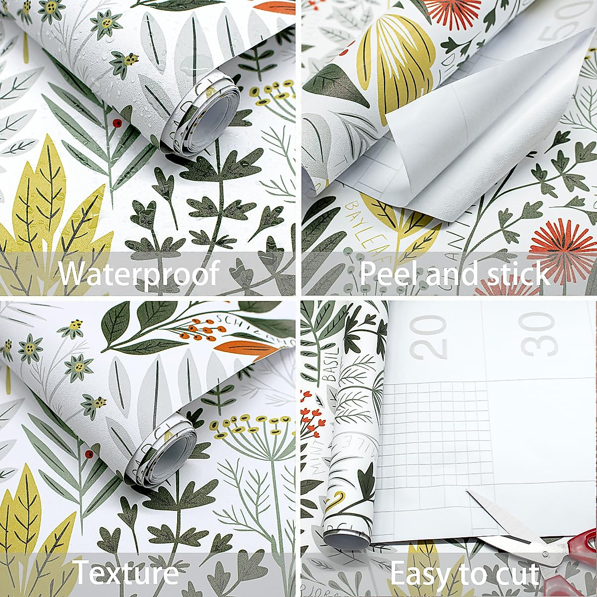 Livebor Floral Wallpaper Peel and Stick Wallpaper Floral Contact Paper 17.7inch x 118.1inch Modern Green Leaf Wallpaper Boho Floral Wallpaper Self Adhesive Wallpaper for Bedroom Leaves Wallpaper Vinyl