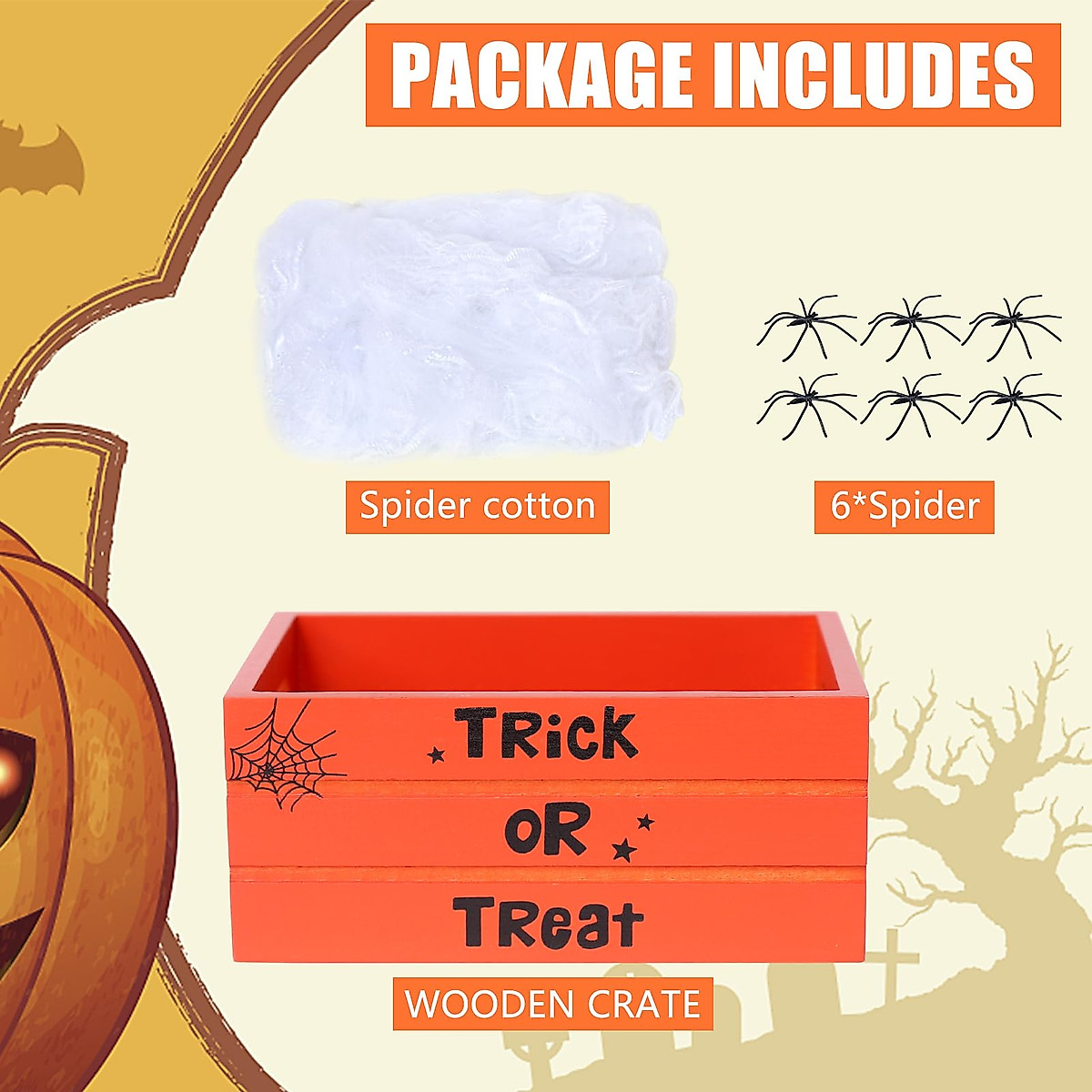 Aweyka Halloween Mini Trick or Treat Wooden Crate, Decorative Wood Crates Crate Box Wooden Storage Box with Spider Cotton and 6 Spider for Tiered Tray Shelf Table Kitchen Home fall Halloween Decor