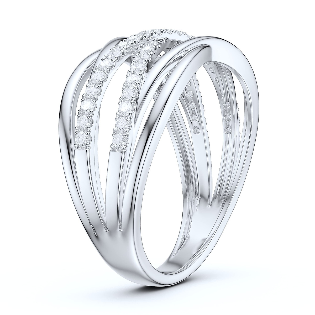 PRSTANI 14k White Gold 10mm Wide Multi-Row Crossover Fashion Genuine Moissanite Pave Ring Wedding Band (9)