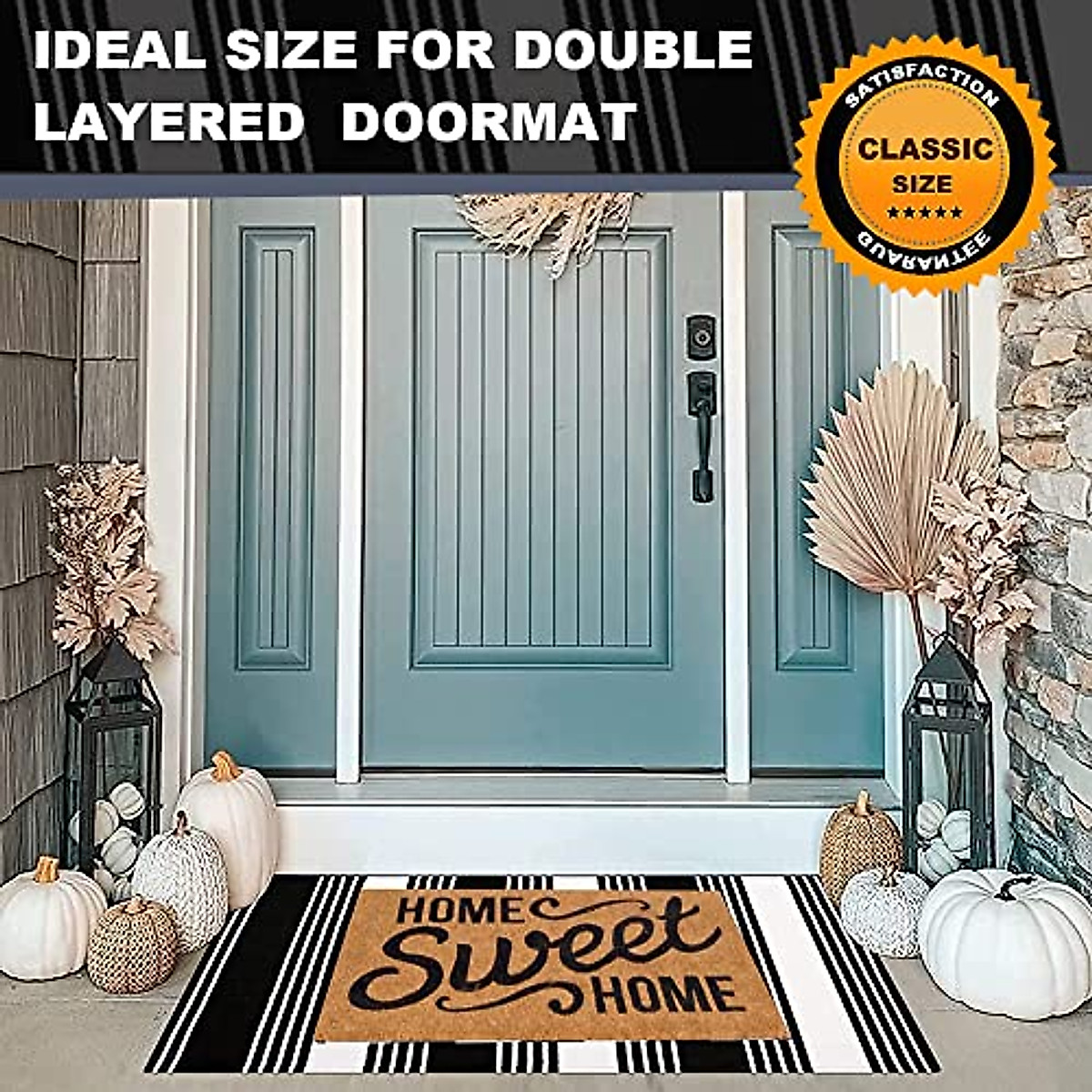 KaHouen Black and White Striped Outdoor Rug 27.5 x 43 Inches, Hand-Woven Reversible Foldable Washable Outdoor Rug Stripe for Layered Door Mats Porch/Front Door