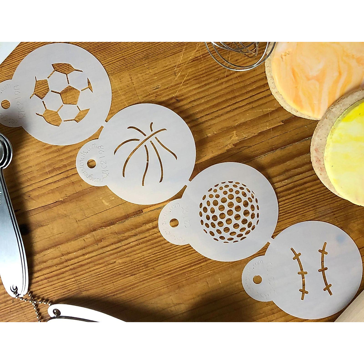 Designer Stencils Small Sports Ball Cupcake and Cookie Stencils (Basketball - Golf - Soccer - Baseball), Beige/semi-transparent