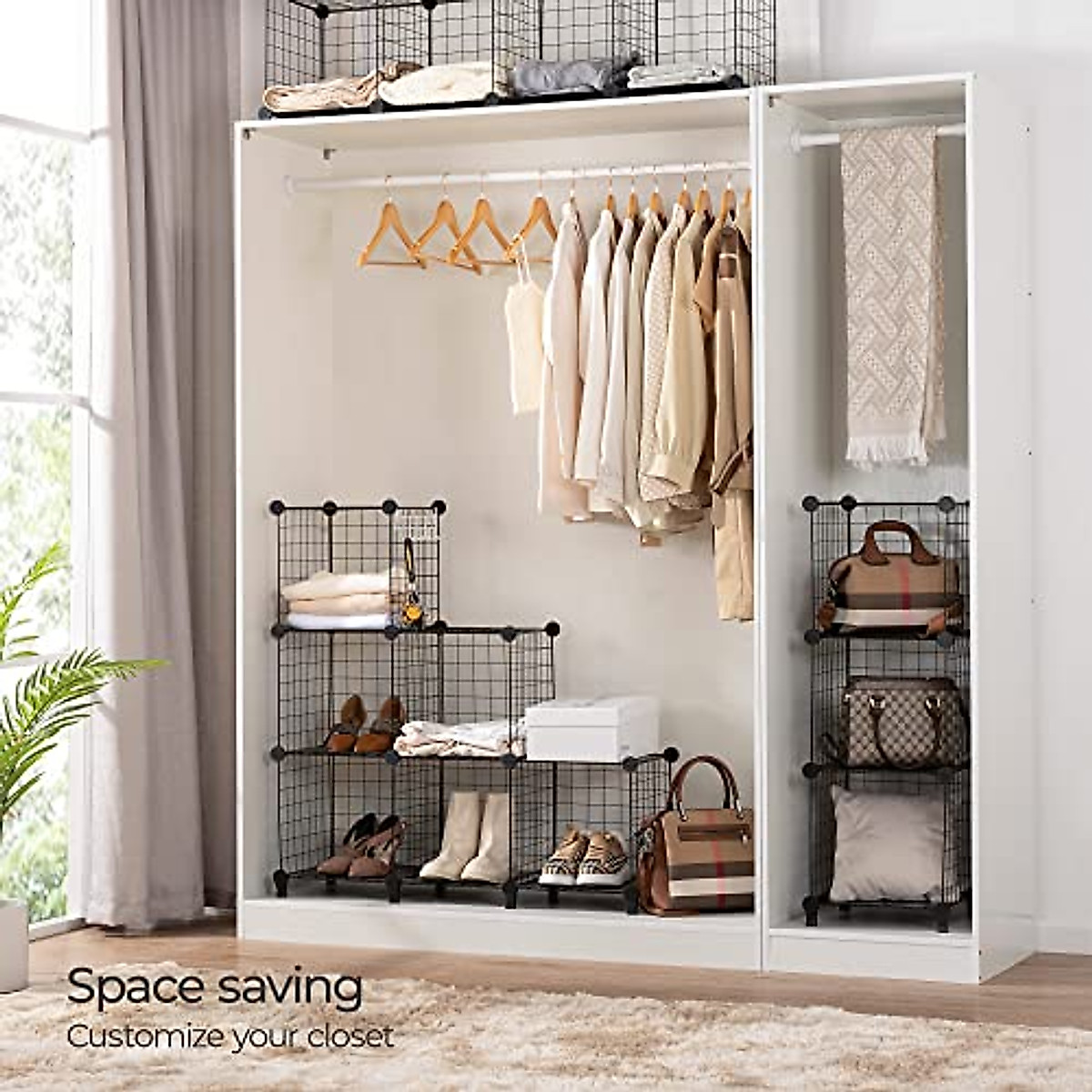 DINMO Wire Cube Storage Organizer, 16-Cube Metal Grid Storage Shelves, Modular Storage System, Closet Organizer, Ideal for Home, Office, Living Room, Stackable, 12" x 12", Black