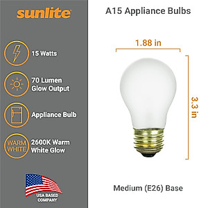 Sunlite 41622 Incandescent Appliance A15 Light Bulb, 15 Watts, 70 Lumens, Medium Base (E26), Dimmable, Mercury Free, 2600K Warm White, Frost, 24 Count